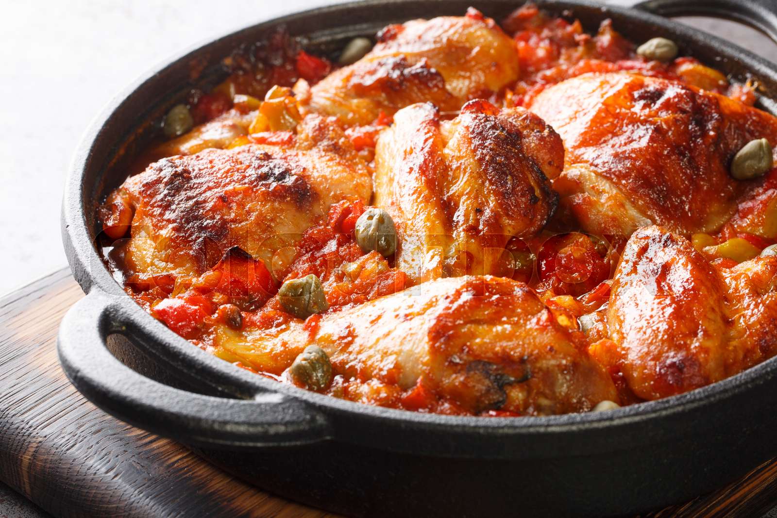 Pieces of chicken baked with a sauce of tomatoes, peppers, onions and ...