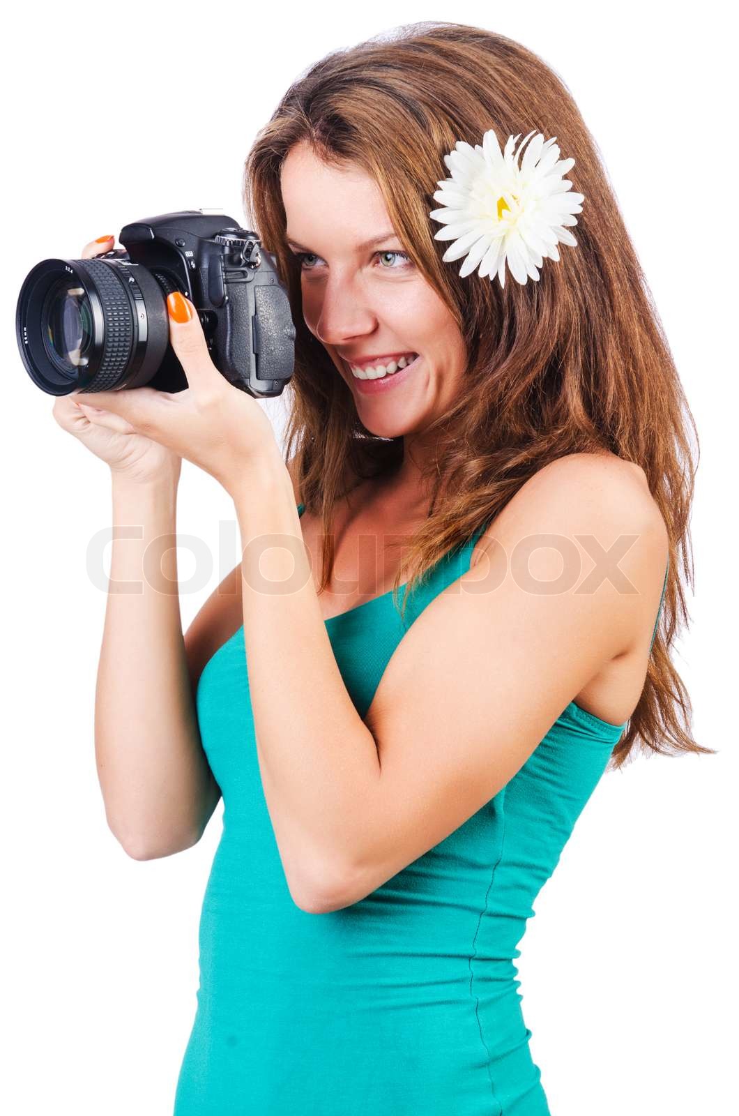 Attractive female photographer on white | Stock image | Colourbox