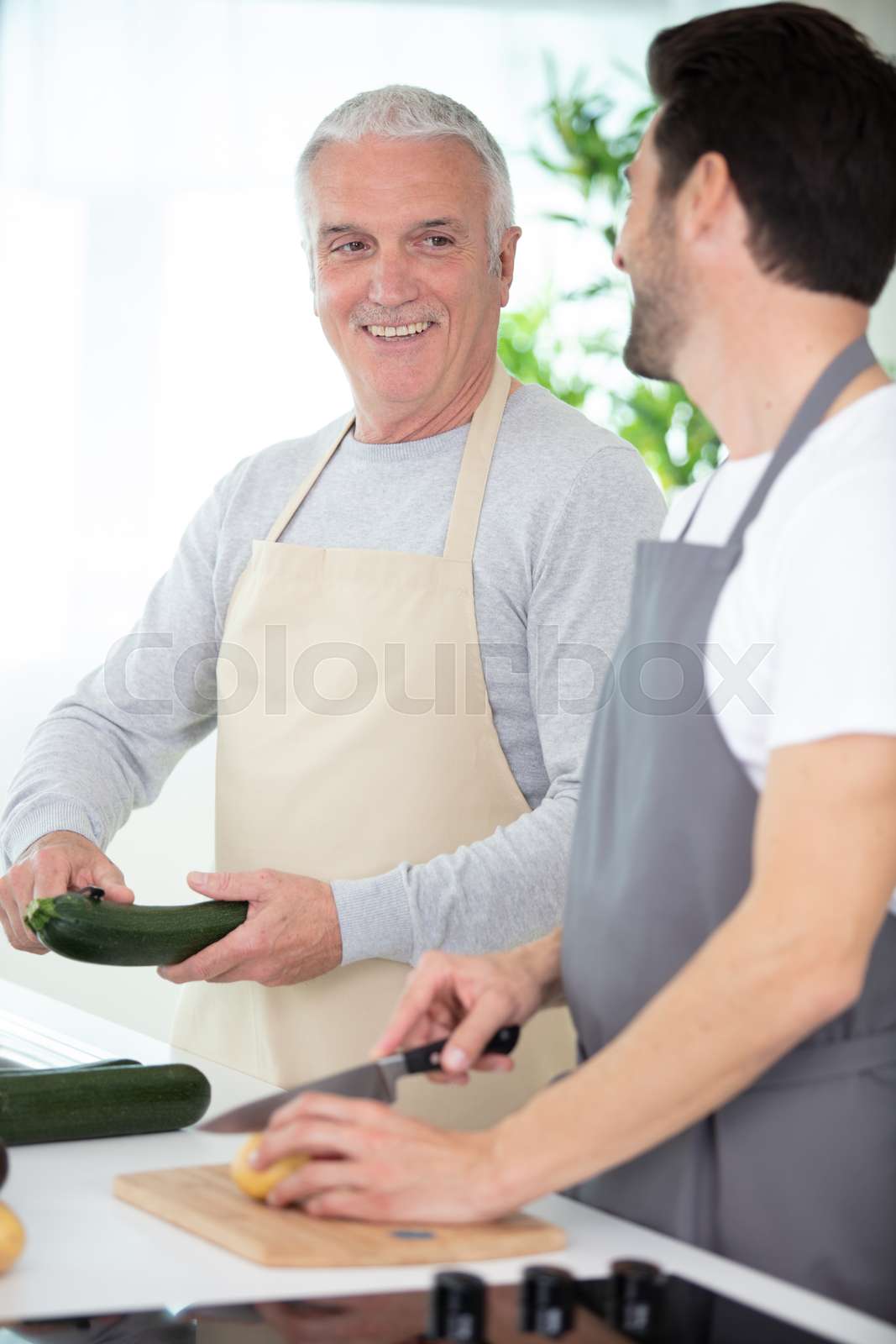 hipster son with his senior father cooking in the kitchen | Stock image ...