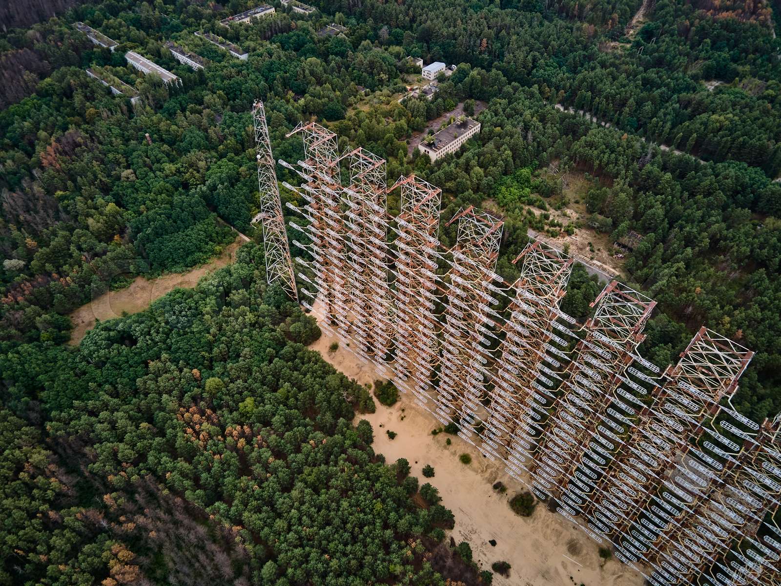 Aerial view of Duga radar system in abandoned military base in Chernobyl | Stock image | Colourbox