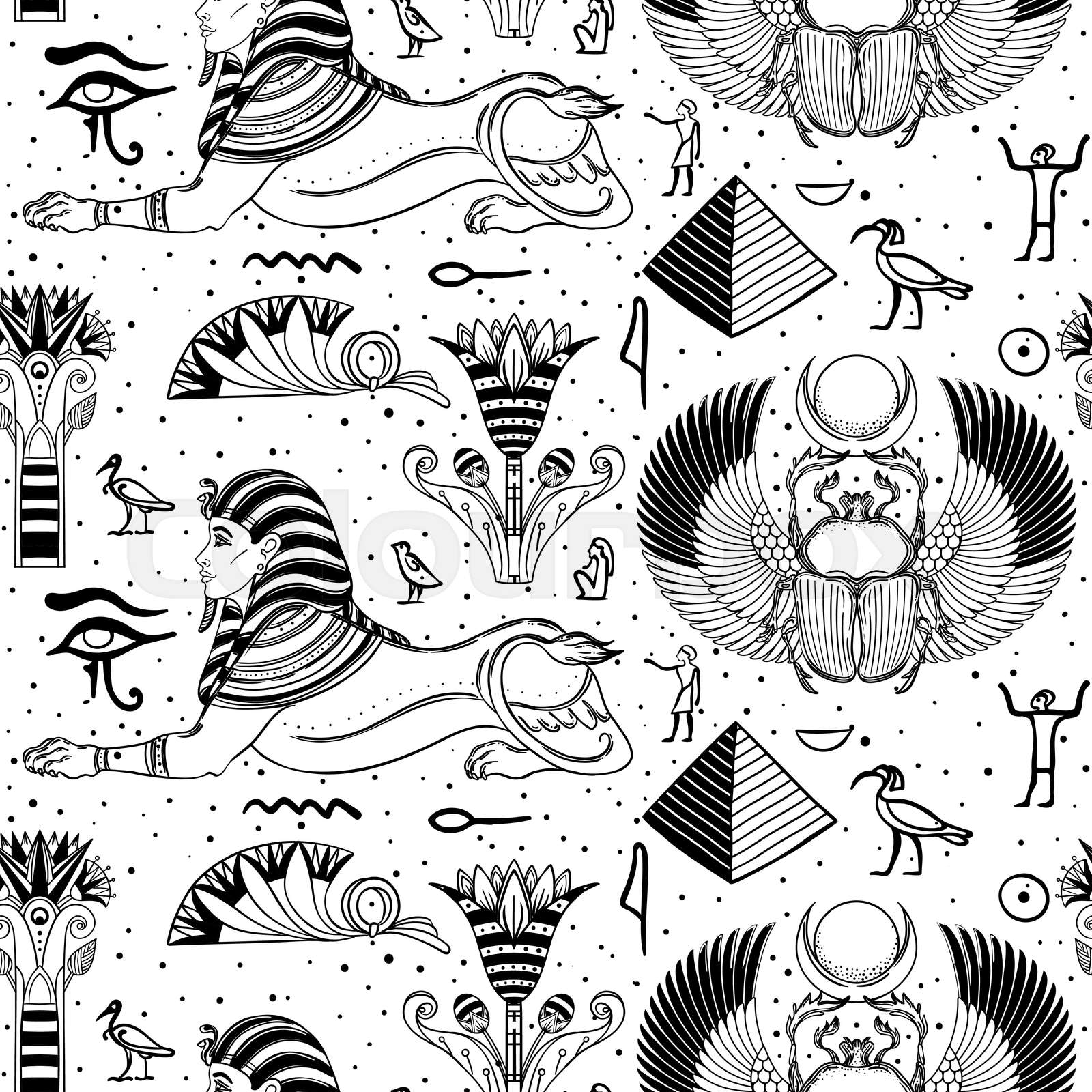 Ancient Egypt. Vintage black and white seamless pattern with Egyptian ...