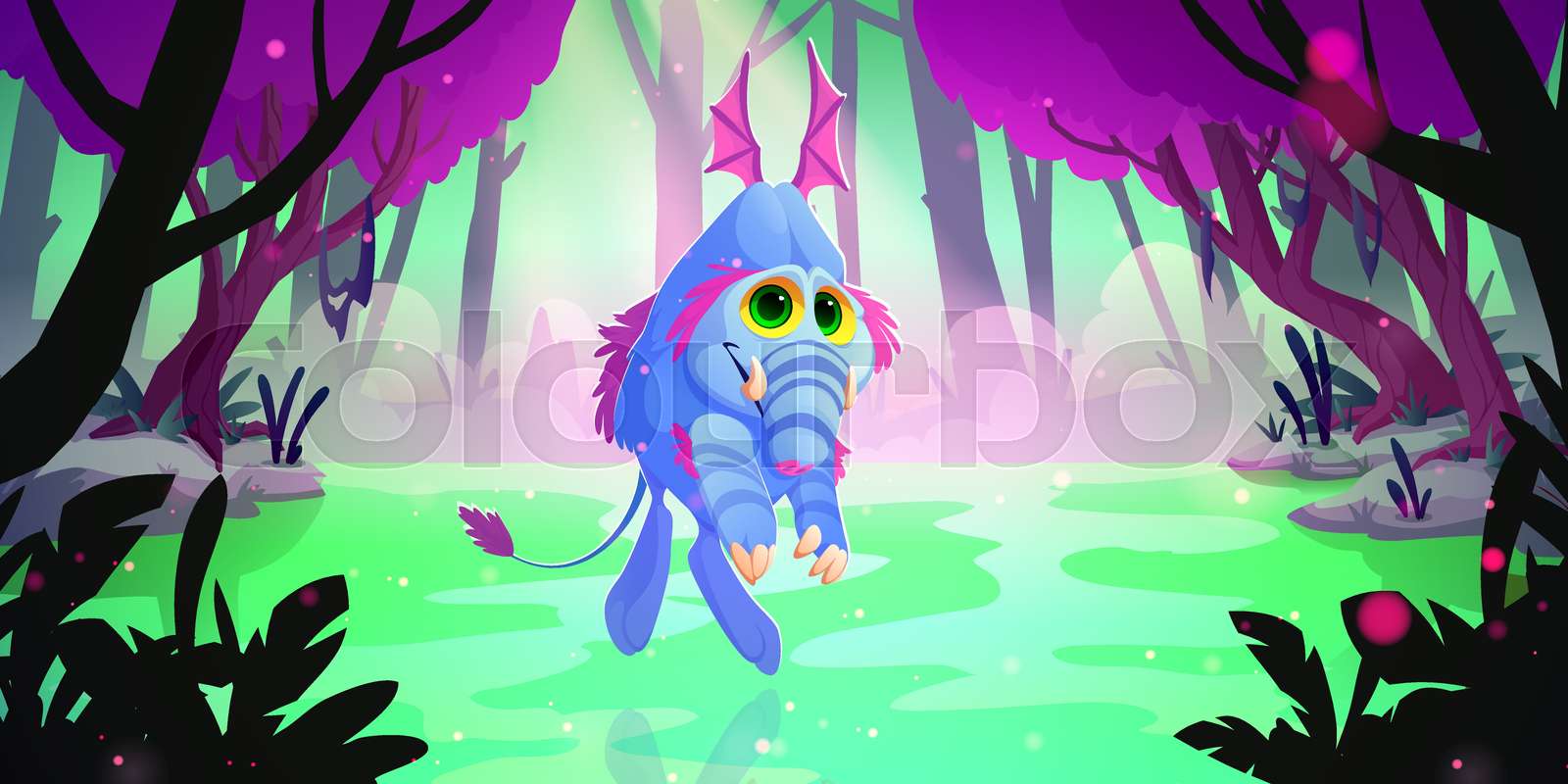 Fantasy cute monster flying in forest | Stock vector | Colourbox