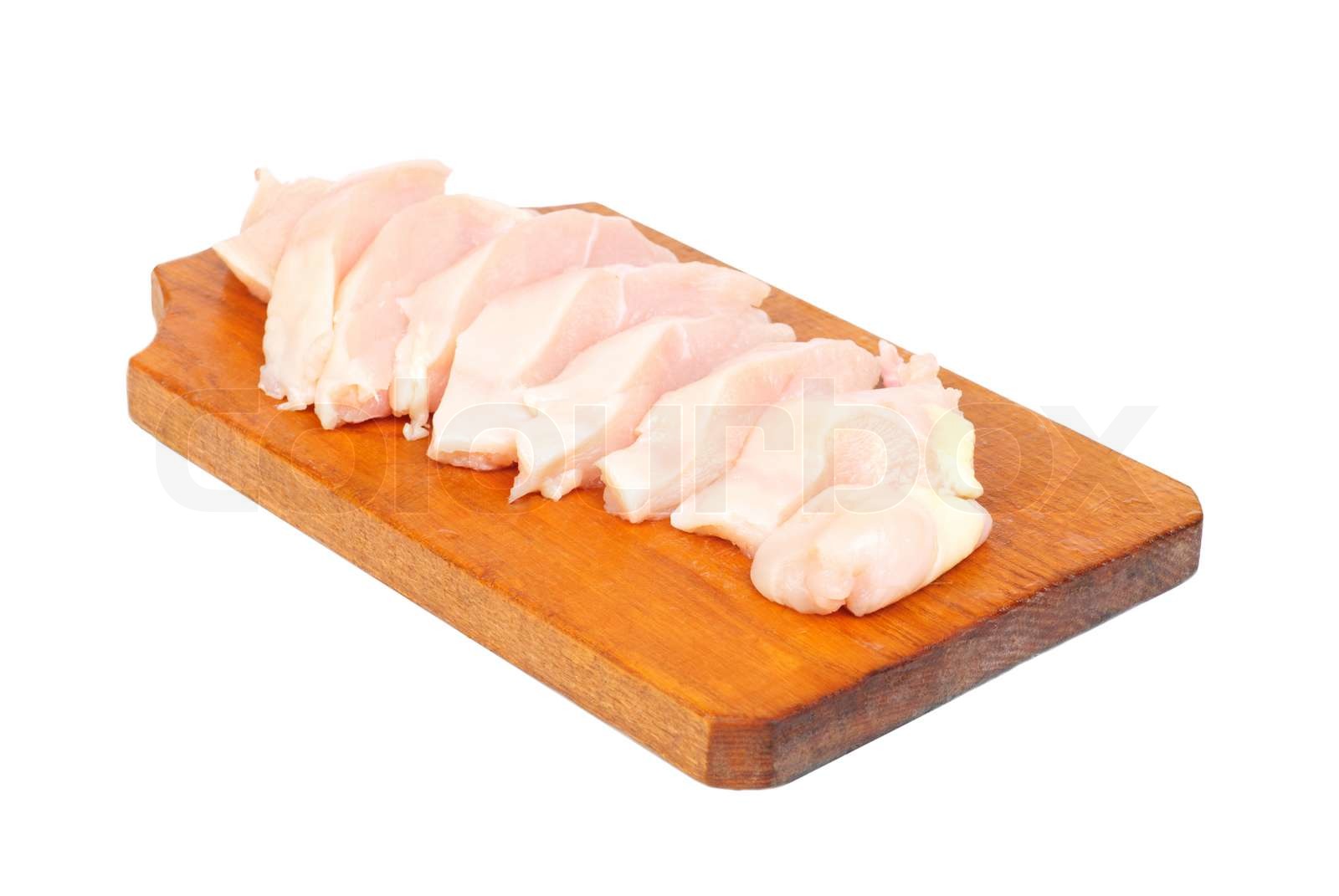chicken meat sliced oncuttingboard isolatedonwhitebackground | Stock ...
