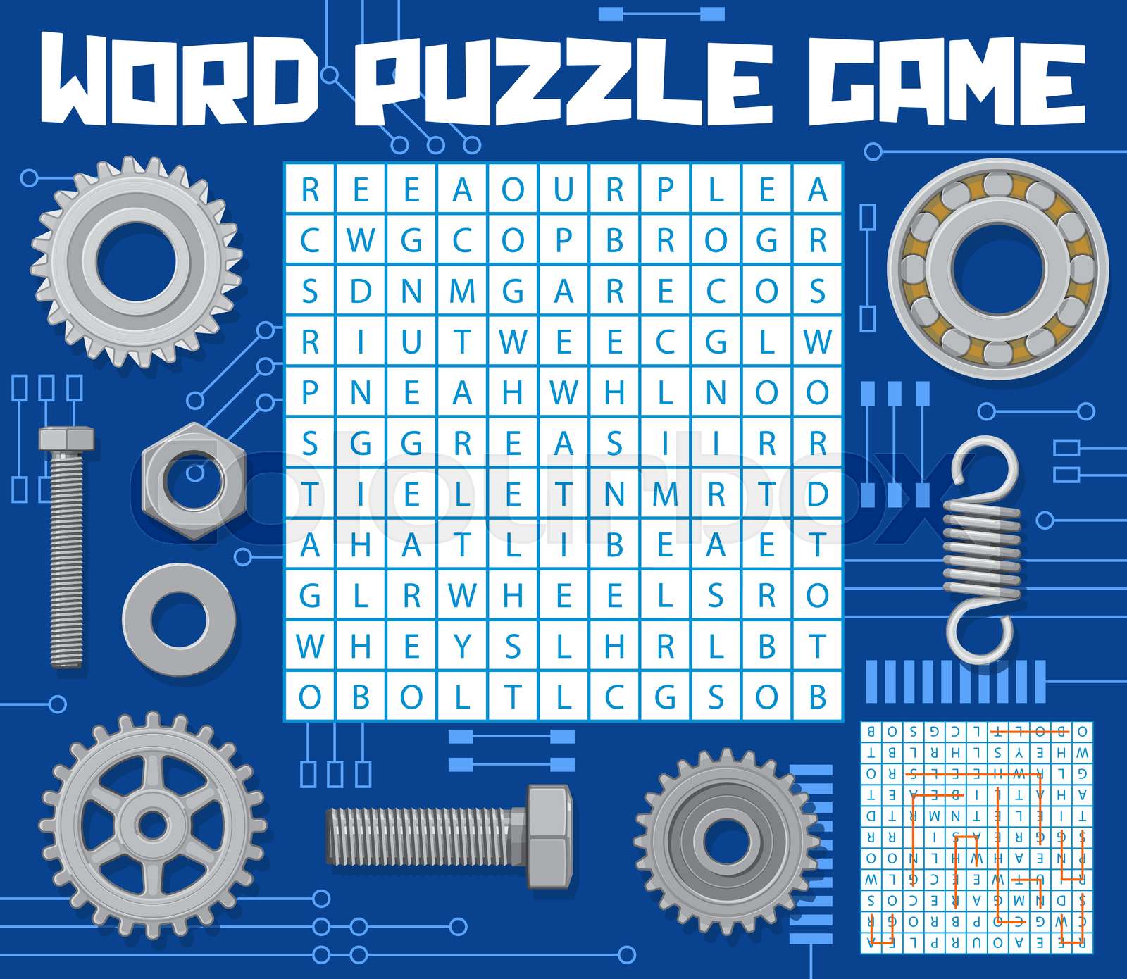 Mechanic spare parts on word search puzzle game | Stock vector | Colourbox
