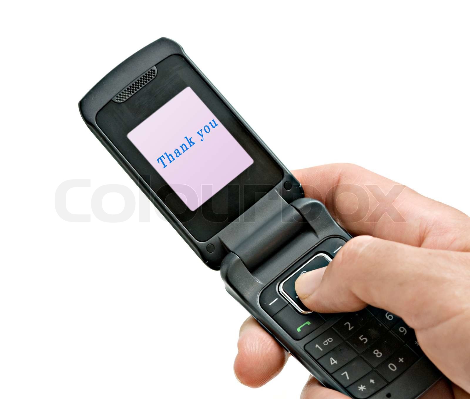 Mobile phone with "Thank you" shown on its screen | Stock image | Colourbox