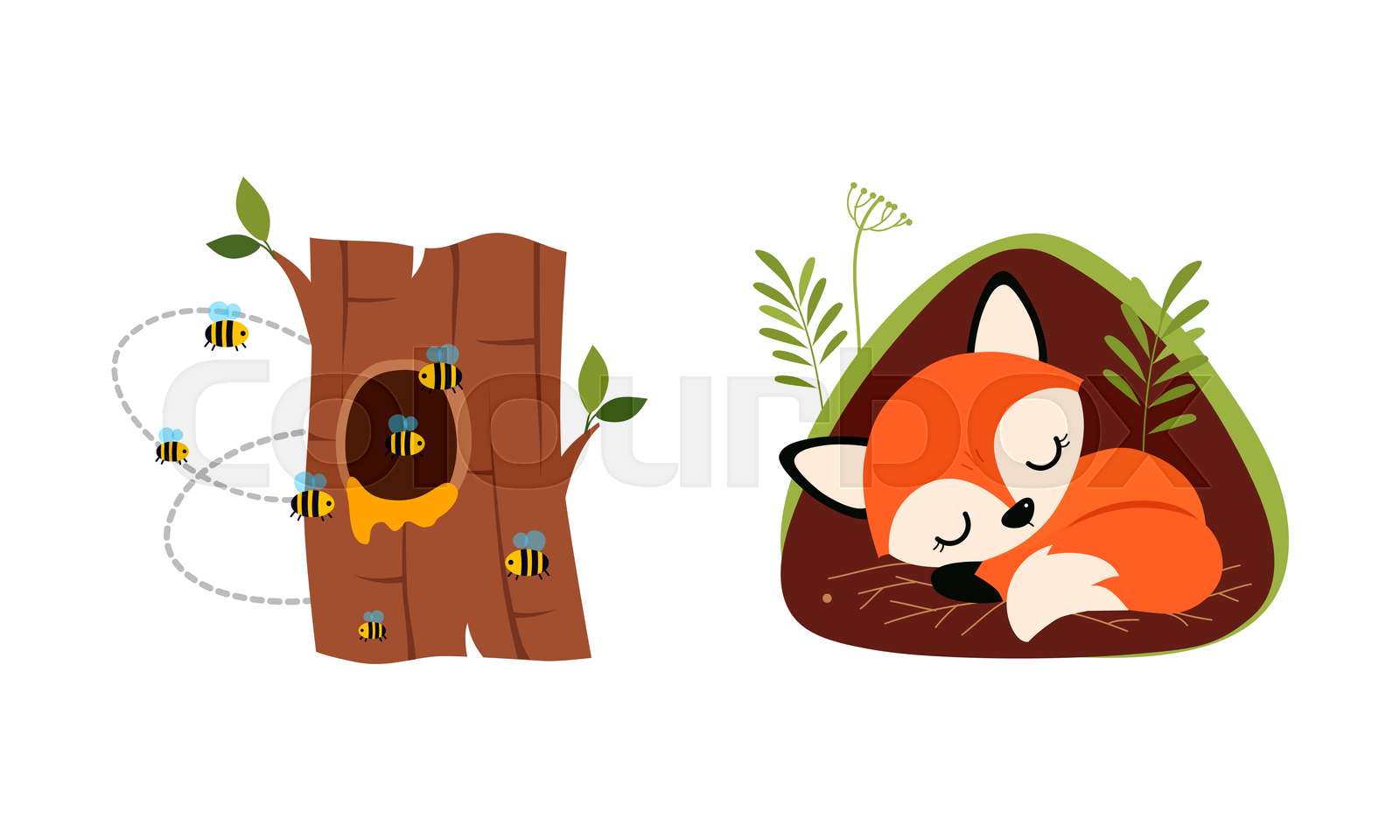 Bees flying around tree hollow and little fox sleeping in burrow ...