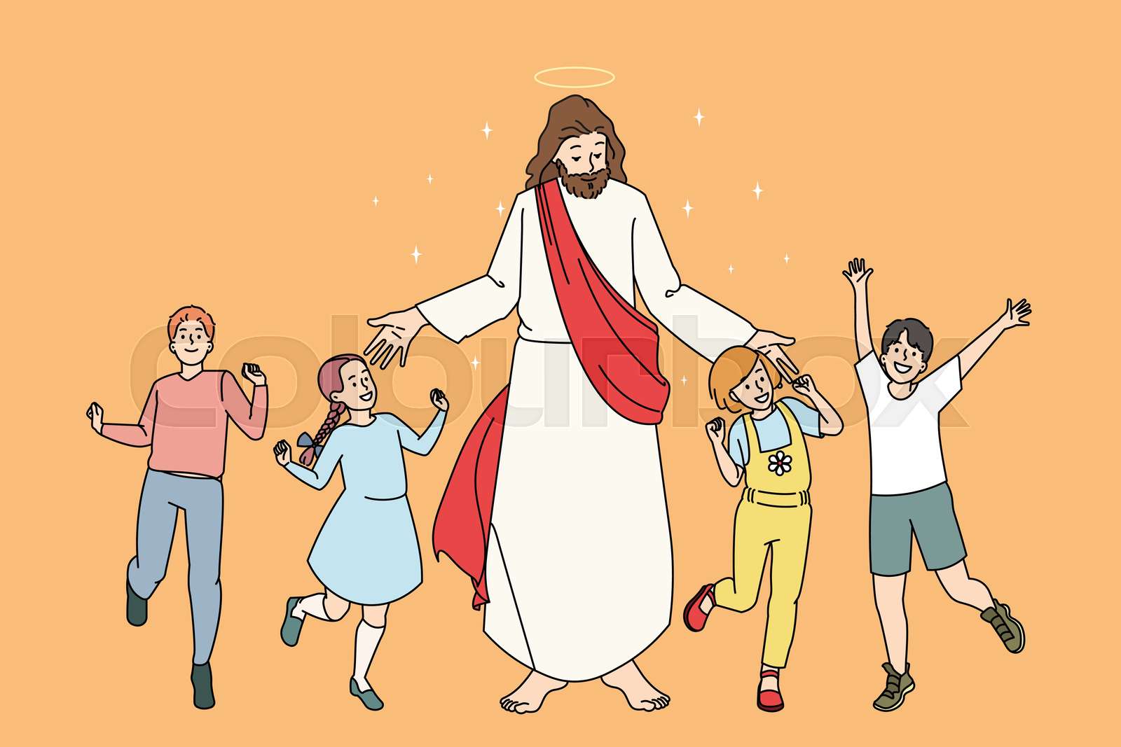 Smiling children dance near Jesus Christ | Stock vector | Colourbox