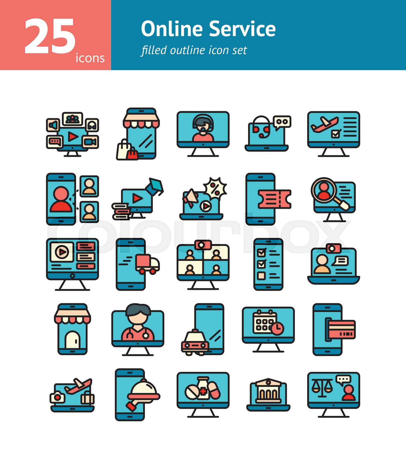 Online Service filled outline icon set. | Stock vector | Colourbox
