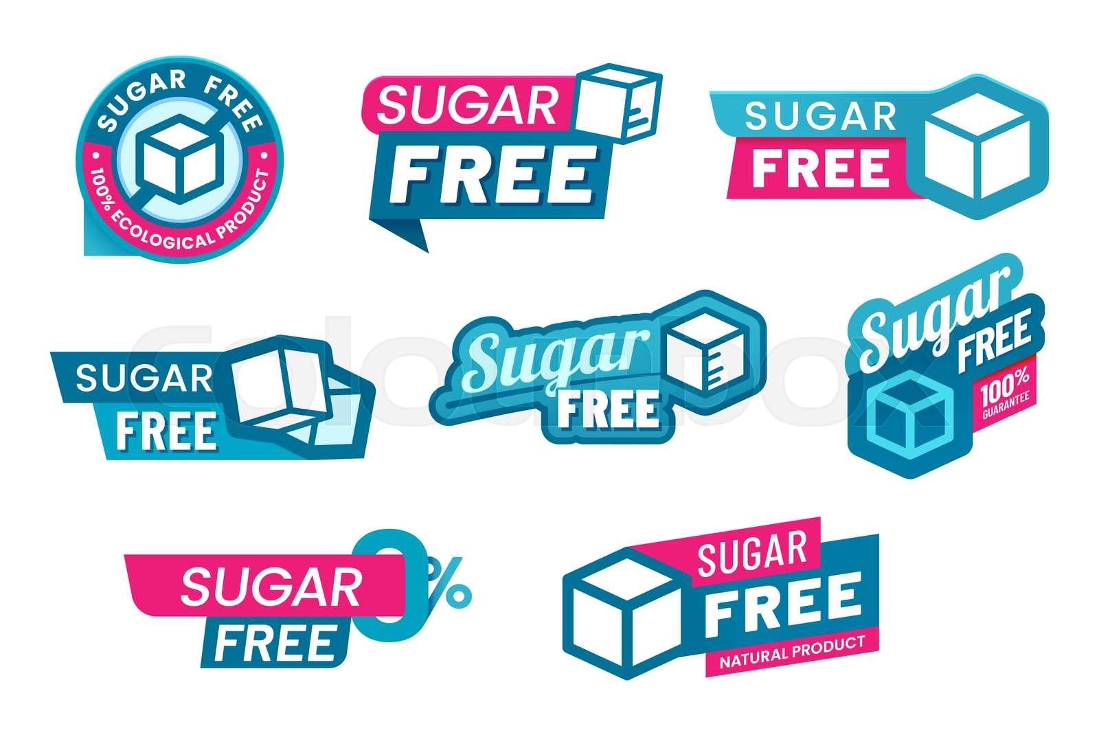 Sugar free icons and labels, low zero sugar food | Stock vector | Colourbox