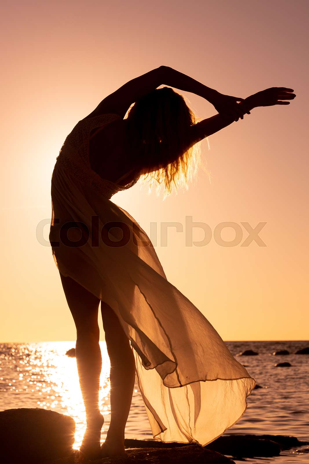 free happy woman silhouette at seaside | Stock image | Colourbox
