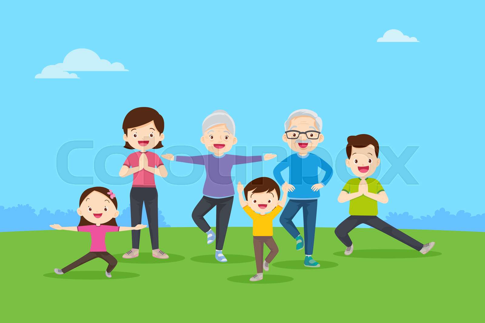 big family yoga exercising together | Stock vector | Colourbox