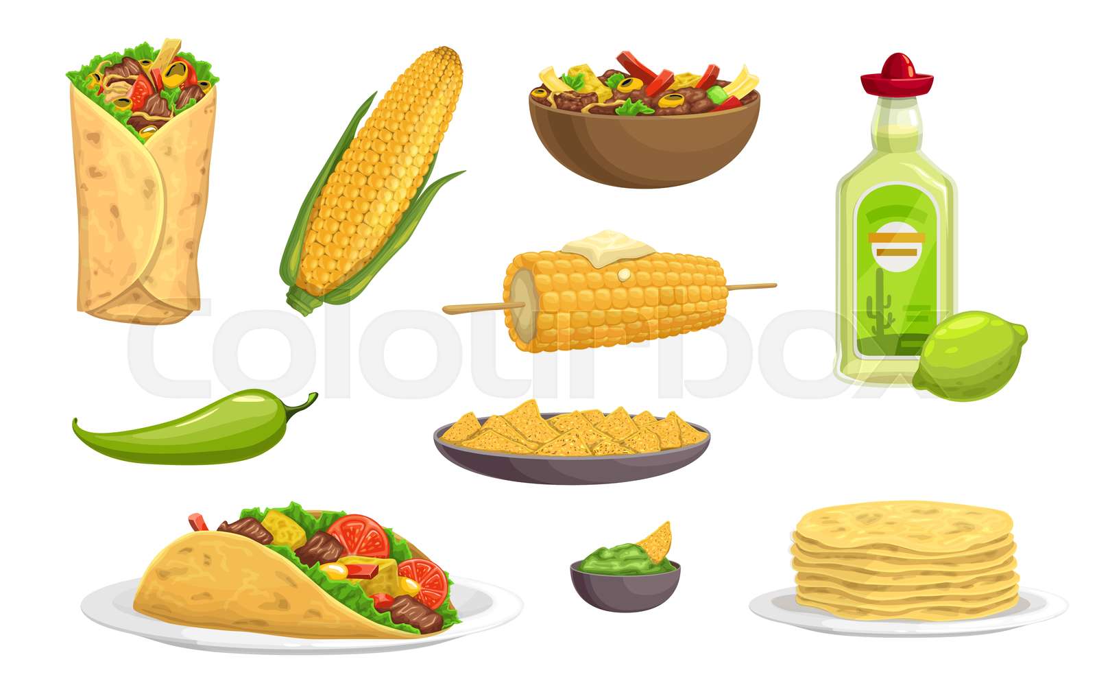 Mexican cuisine meals, cartoon food and drink | Stock vector | Colourbox