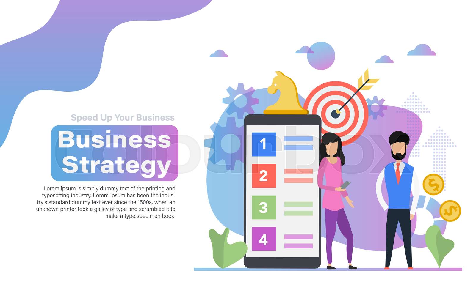 Business strategy flat vector illustration. Scene with man and woman ...