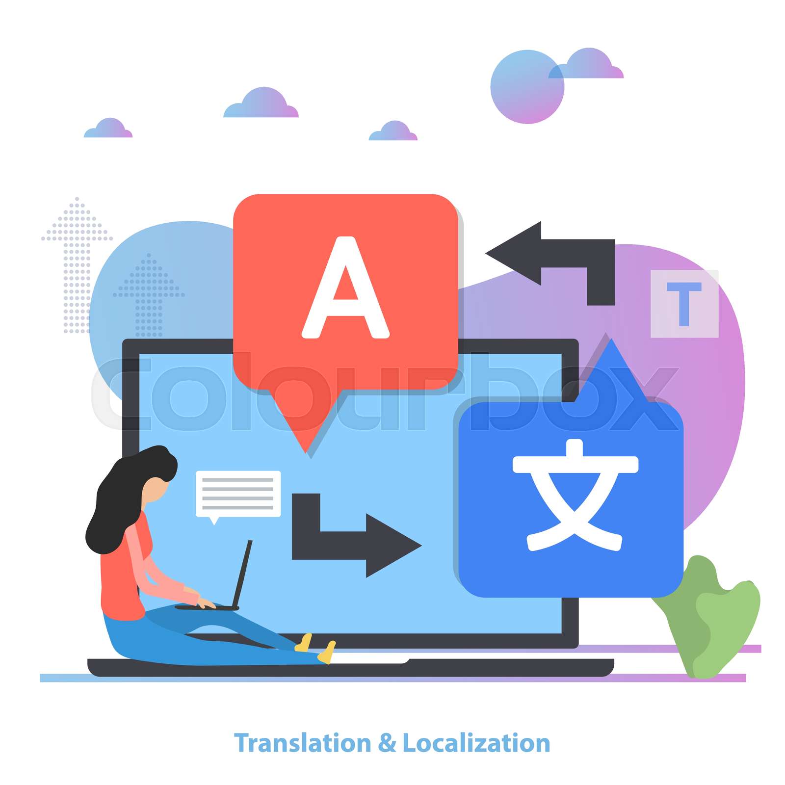 Translation online service vector concept. Woman with laptop translate ...