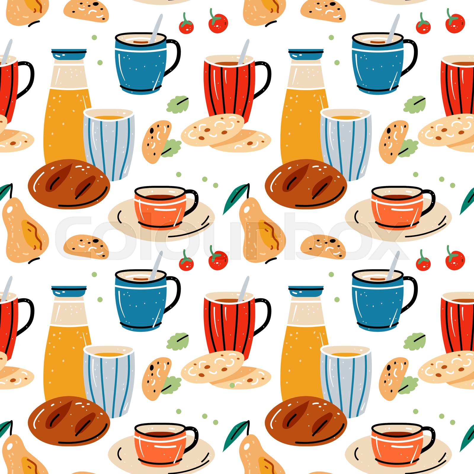 Colored seamless pattern of food and drink. Vector illustration | Stock ...