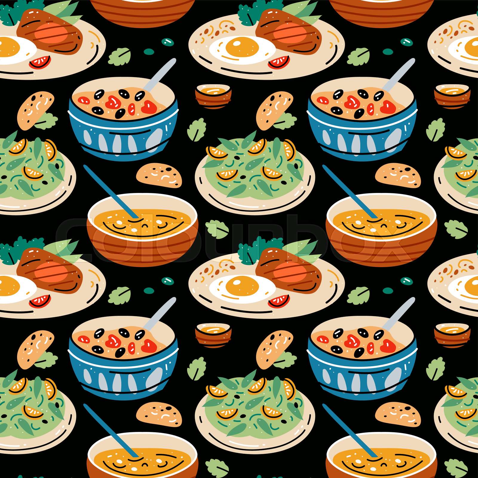 Colored seamless pattern of food and drink. Vector illustration | Stock ...