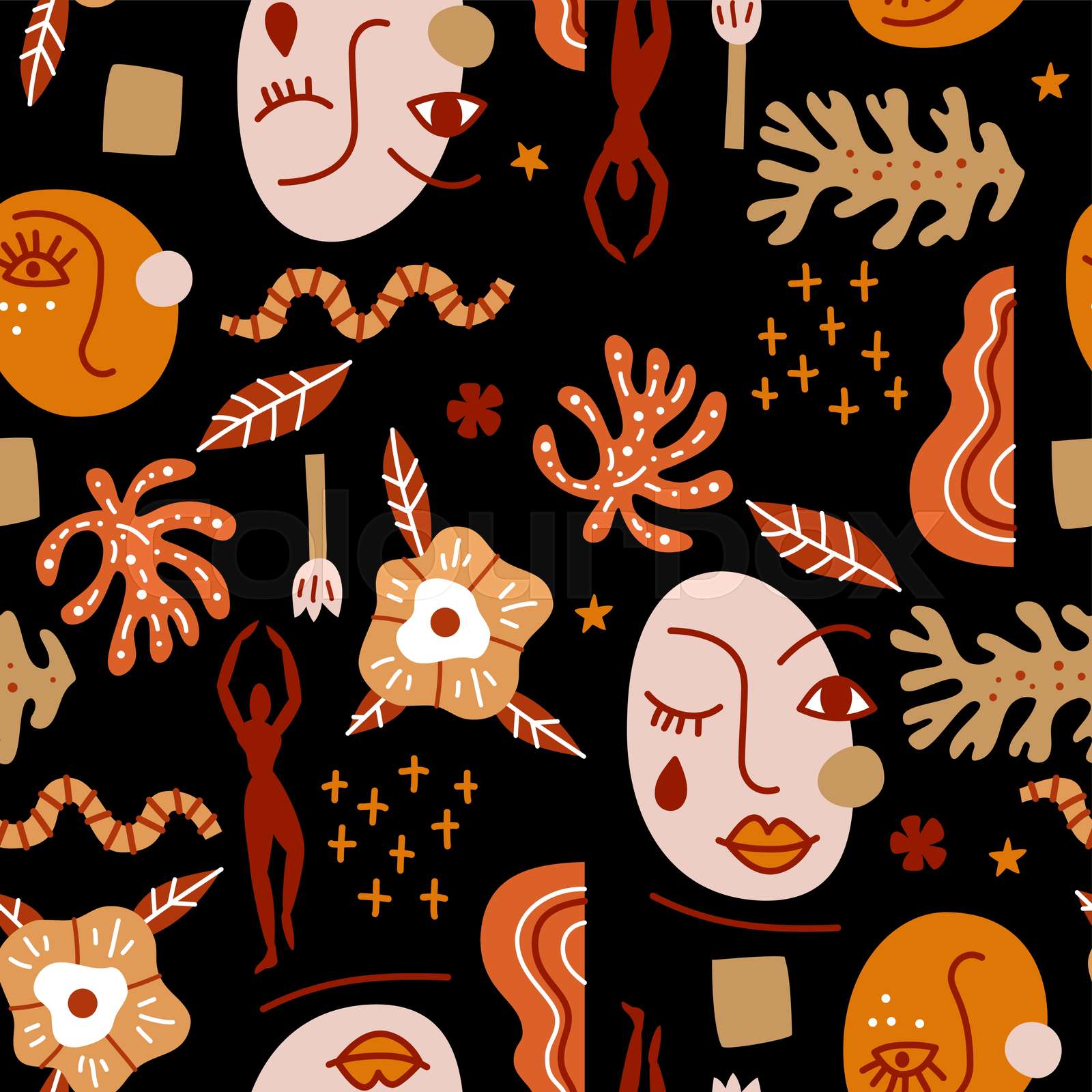 Trendy seamless pattern with abstract shapes and silhouettes of people ...