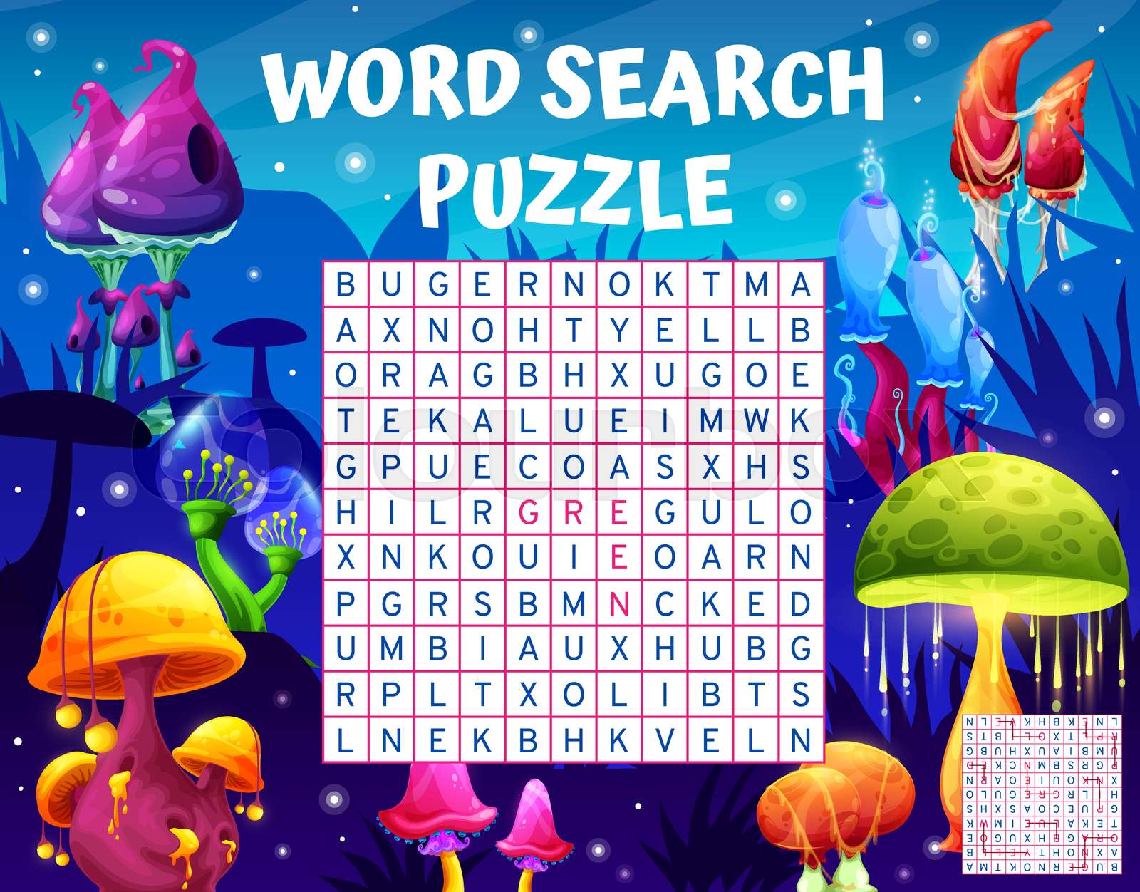 Magic luminous mushrooms, word search puzzle game | Stock vector ...