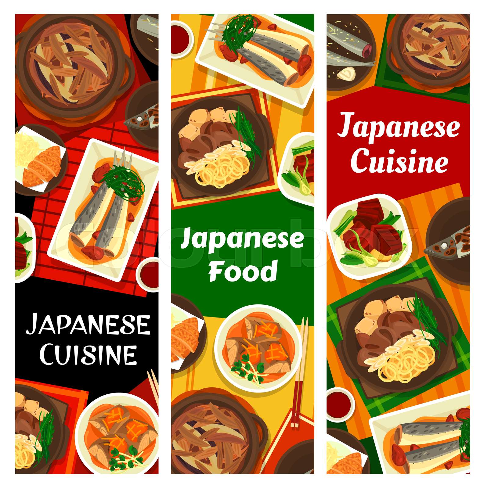 Japanese cuisine banners, Japan Asian food dishes | Stock vector ...