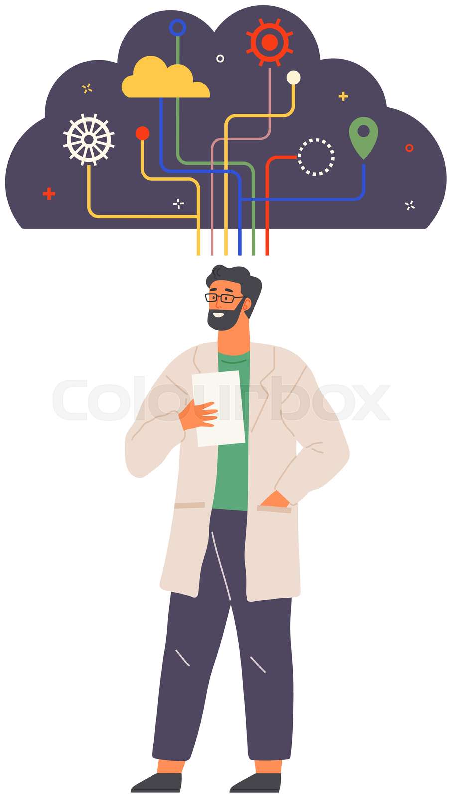 Brainstorming man with gear brain scheme in cloud. Scientist with ...