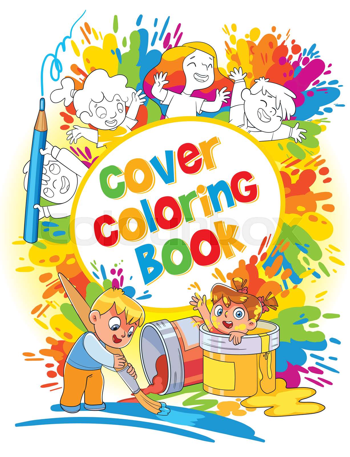 Children on background of colored splashes of paint. Coloring book ...