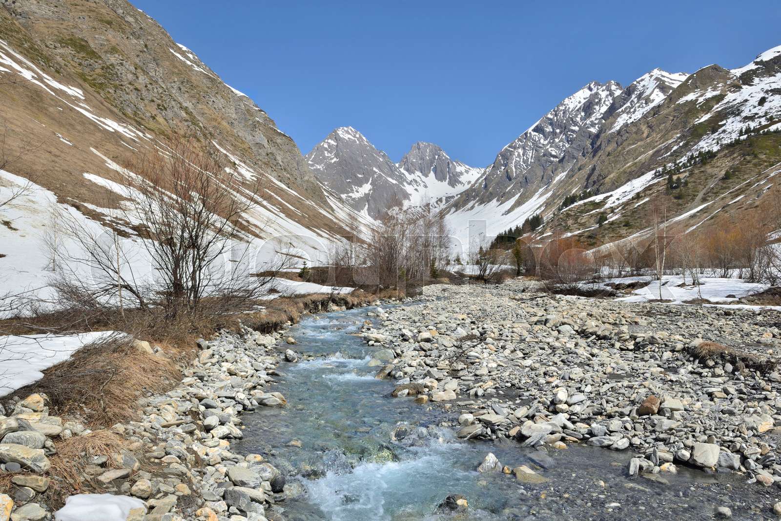fresh river crossing the alpine valley on a bed of pebbles and ...