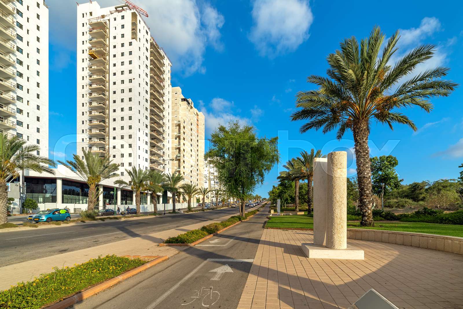 Multi-storey modern buildings and pedestrian walkway in Ashkelon ...