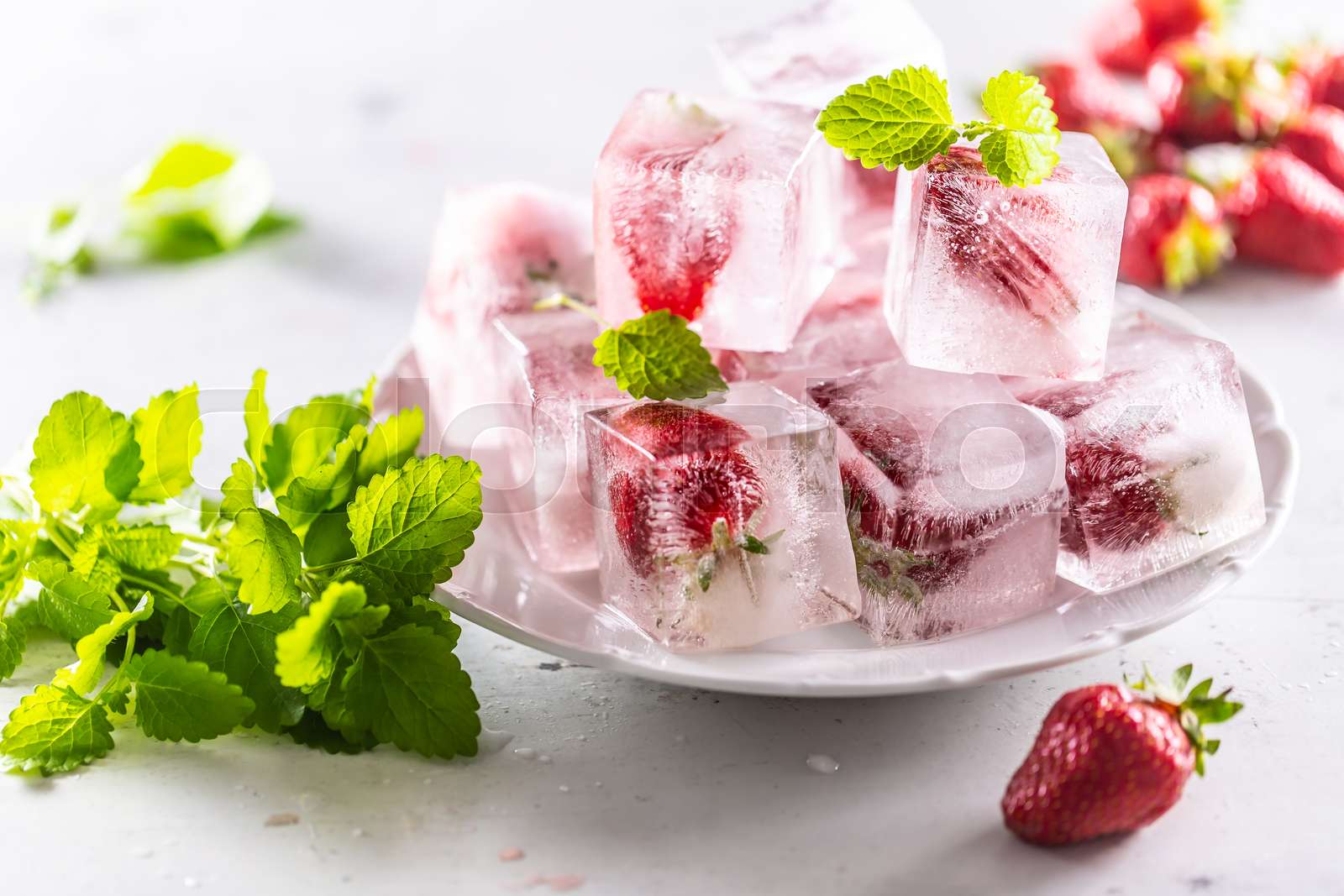 Frozen strawberries in ice cubes on a plate. | Stock image | Colourbox