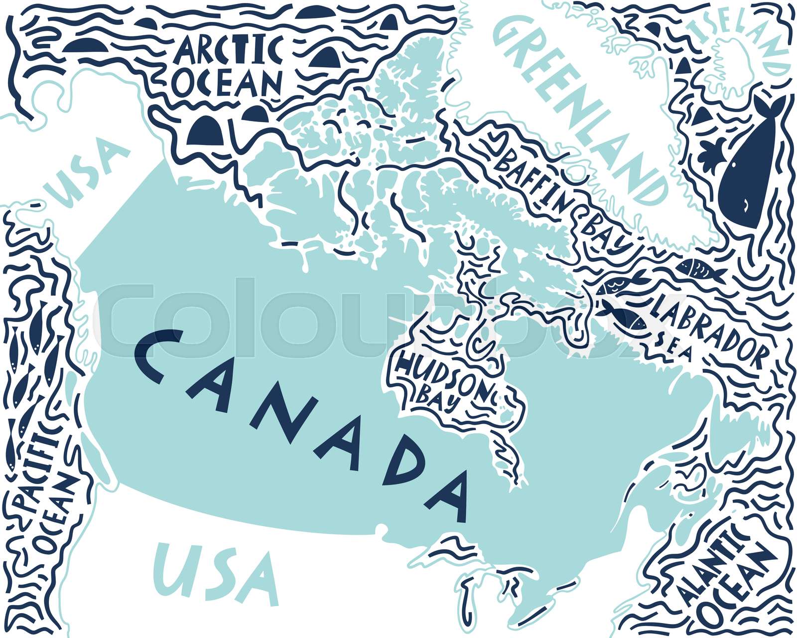 Vector hand drawn stylized map of Canadian region with neighbor ...