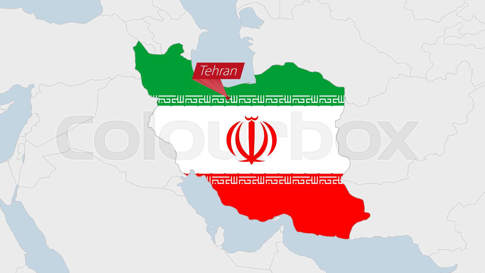Iran map highlighted in Iran flag colors and pin of country capital ...