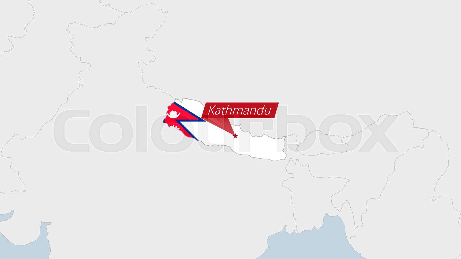 Nepal map highlighted in Nepal flag colors and pin of country capital ...