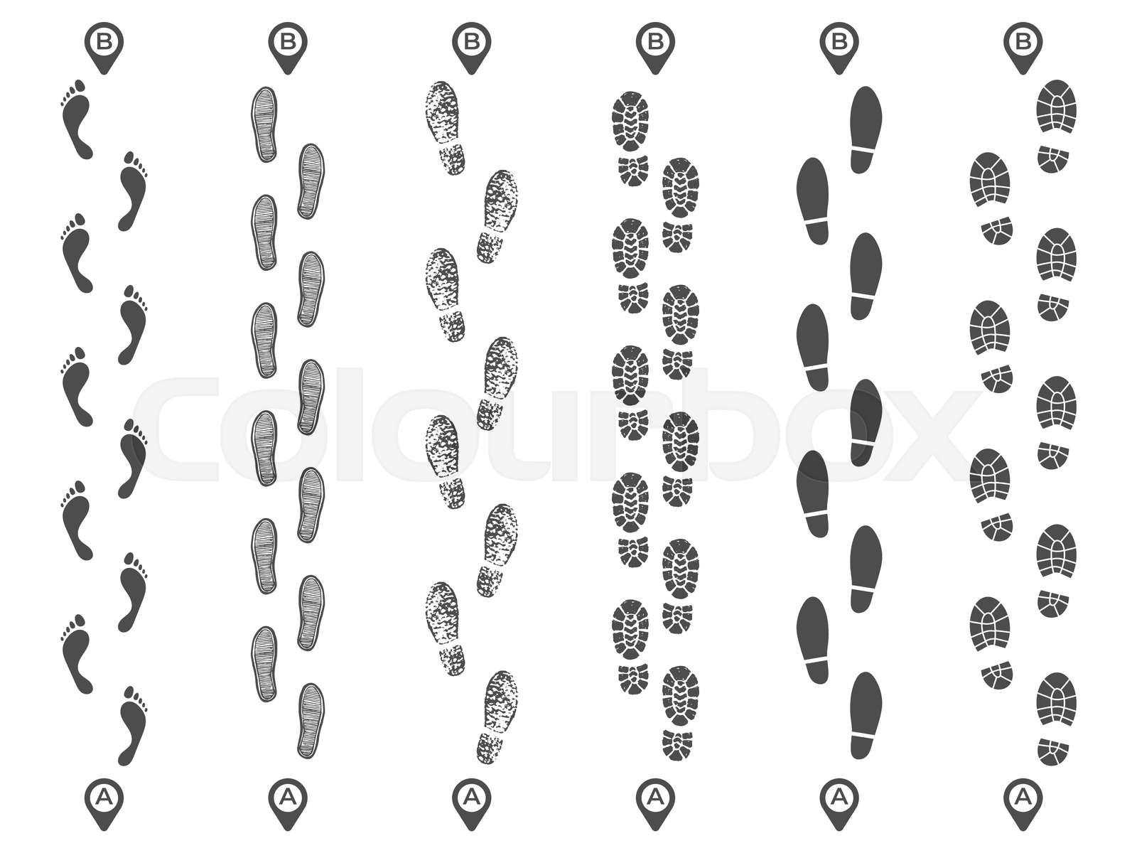Footsteps track routes. Footprint trail, footstep imprint way route and ...