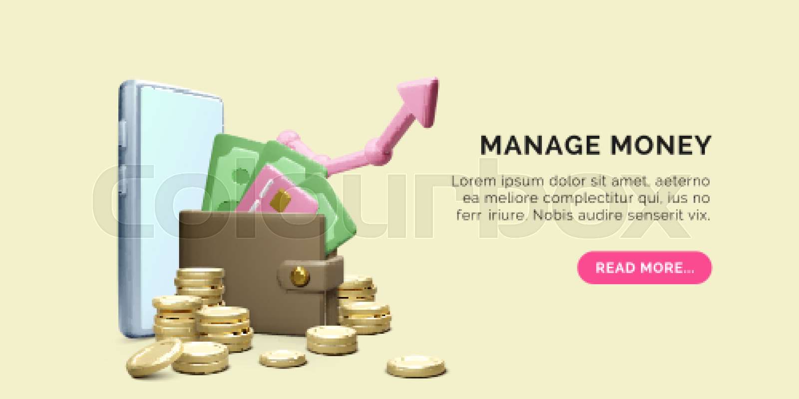 3D money management banner. Realistic mobile phone wallet with paper ...