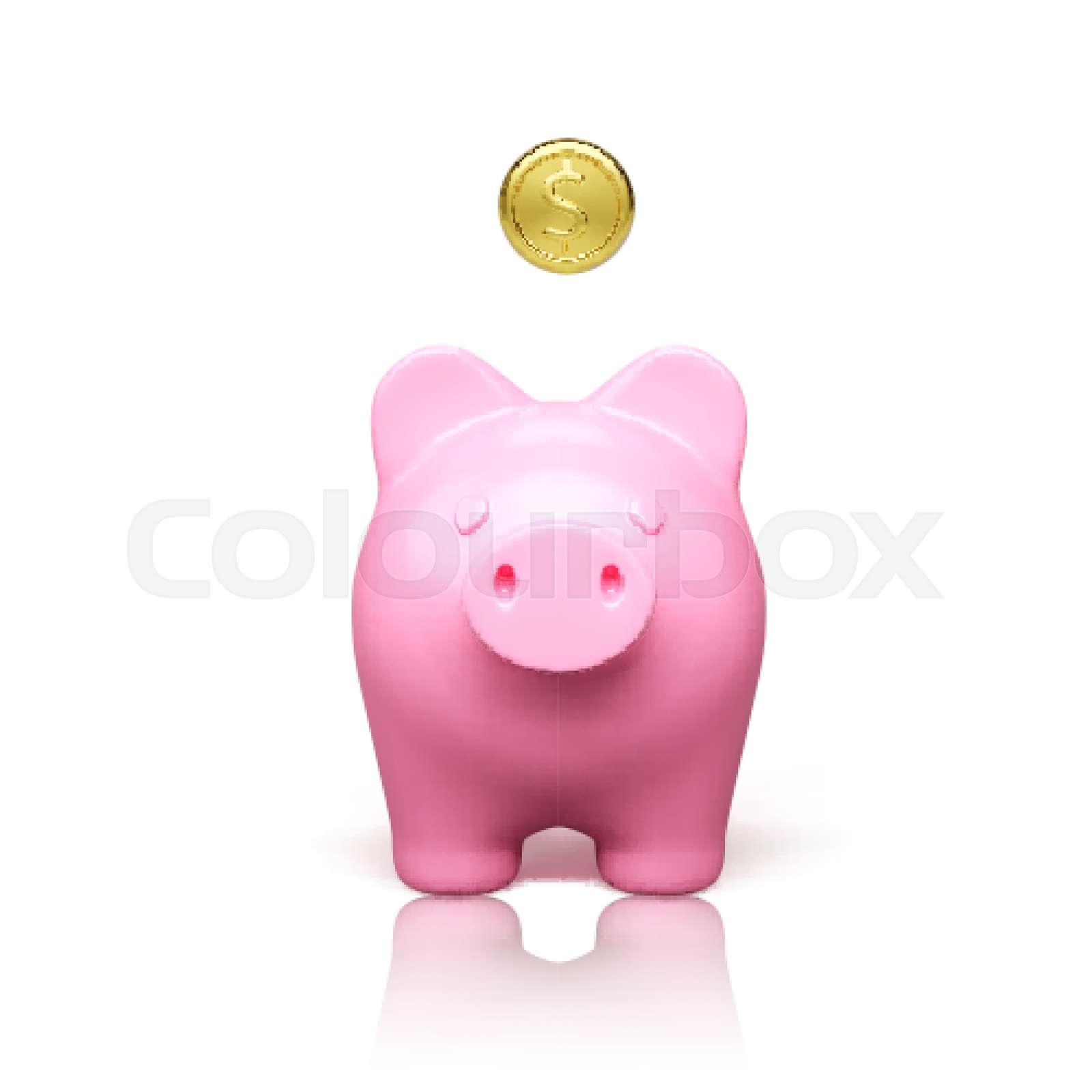 Pink piggy bank front view with falling gold coin. Money savings ...