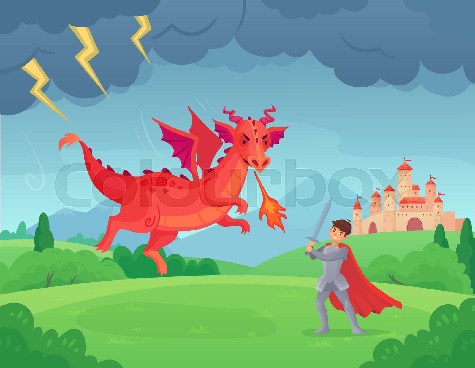 Cartoon fairytale knight fights dragon. Swordsman fighting evil monster ...