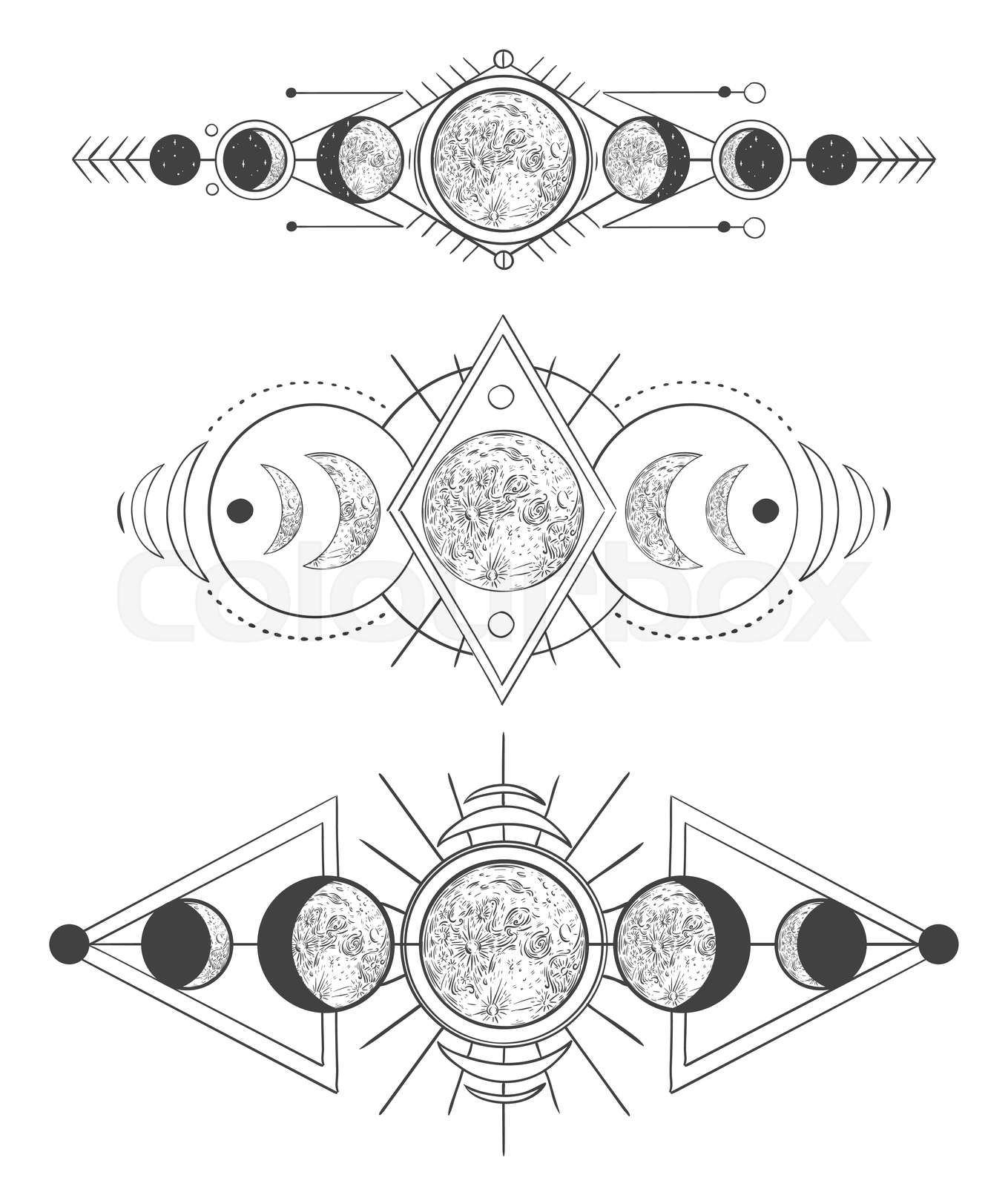 Moons phases in mystic sky. Mother moon, hand drawn pagan tattoo or ...