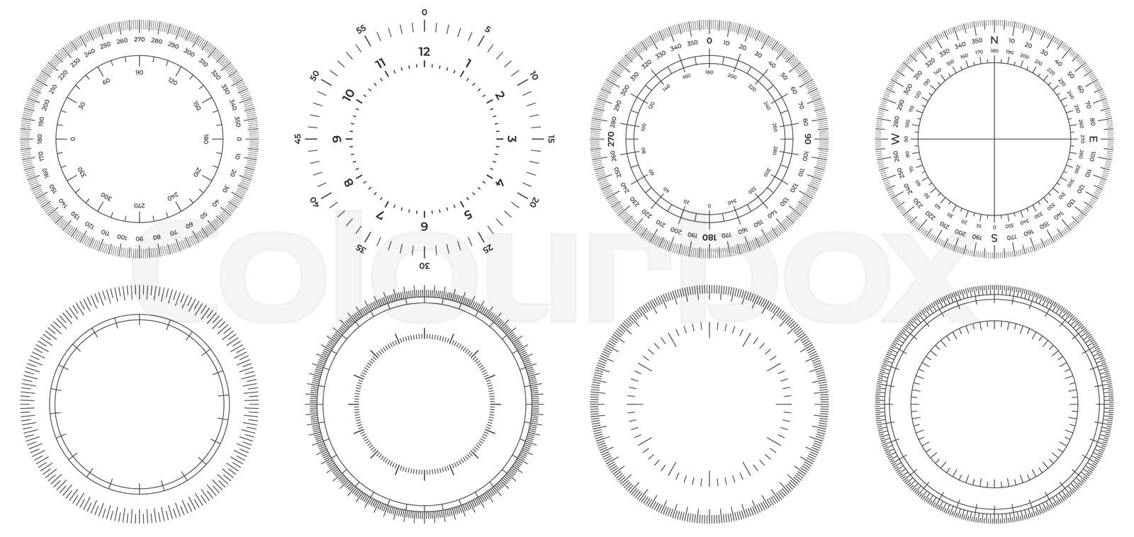 Round measuring circles. 360 degrees scale circle with lines, circular ...