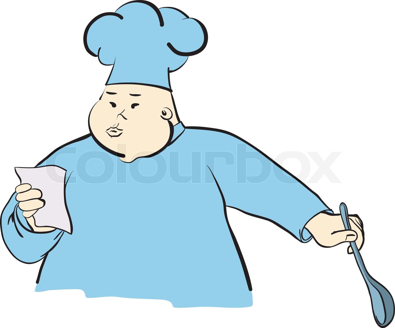 cartoon image of chef with receipt and spoon at his hands | Stock ...