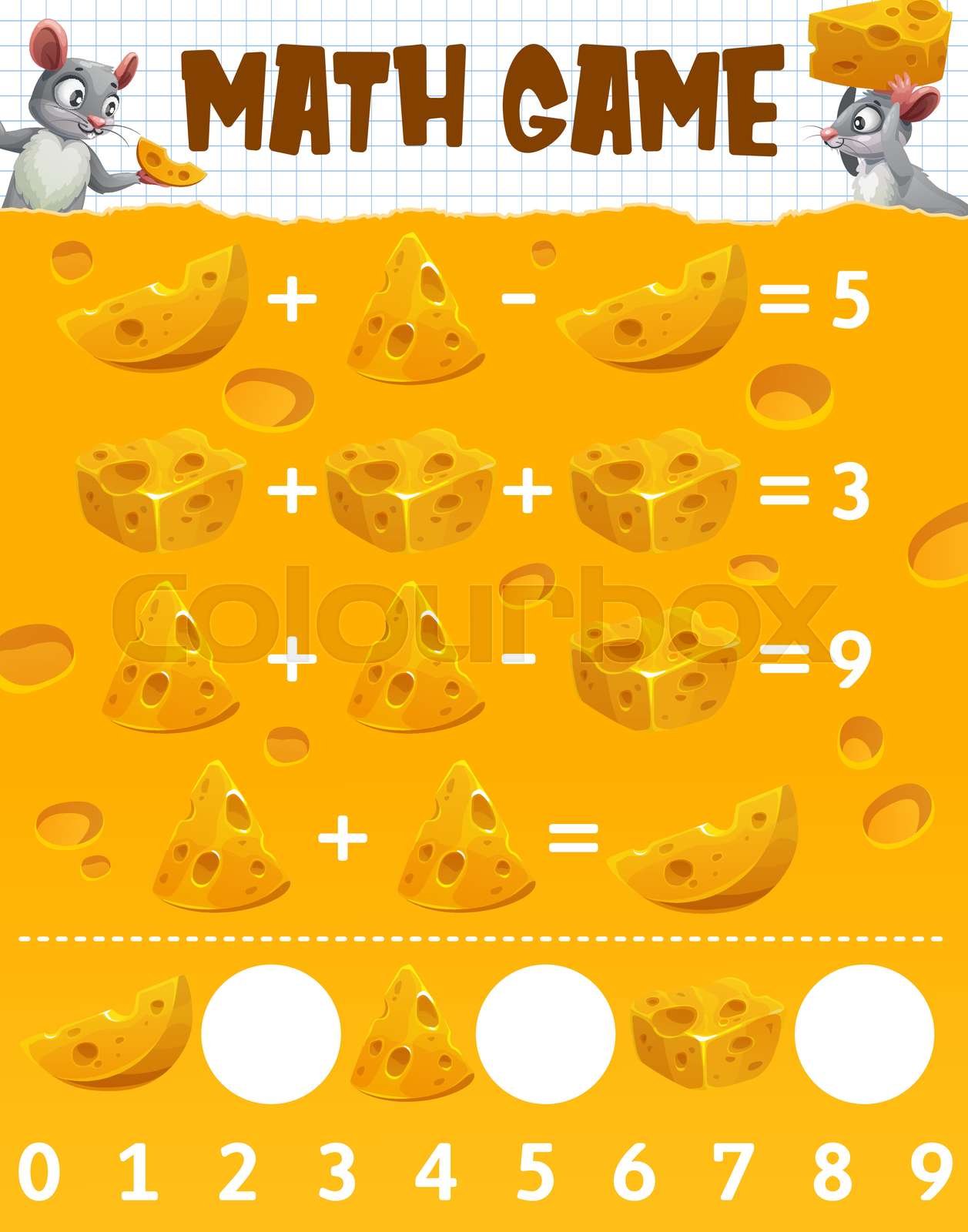Cartoon cheese and rats math game worksheet task | Stock vector | Colourbox