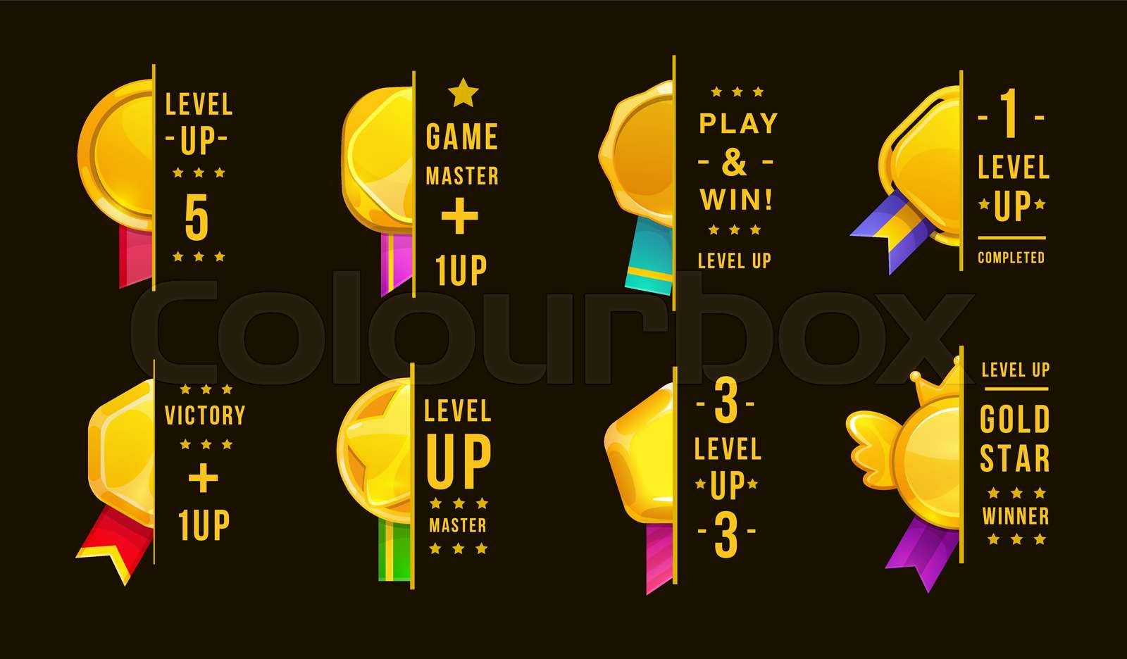 Golden level up labels, game stars, reward bonuses | Stock vector ...