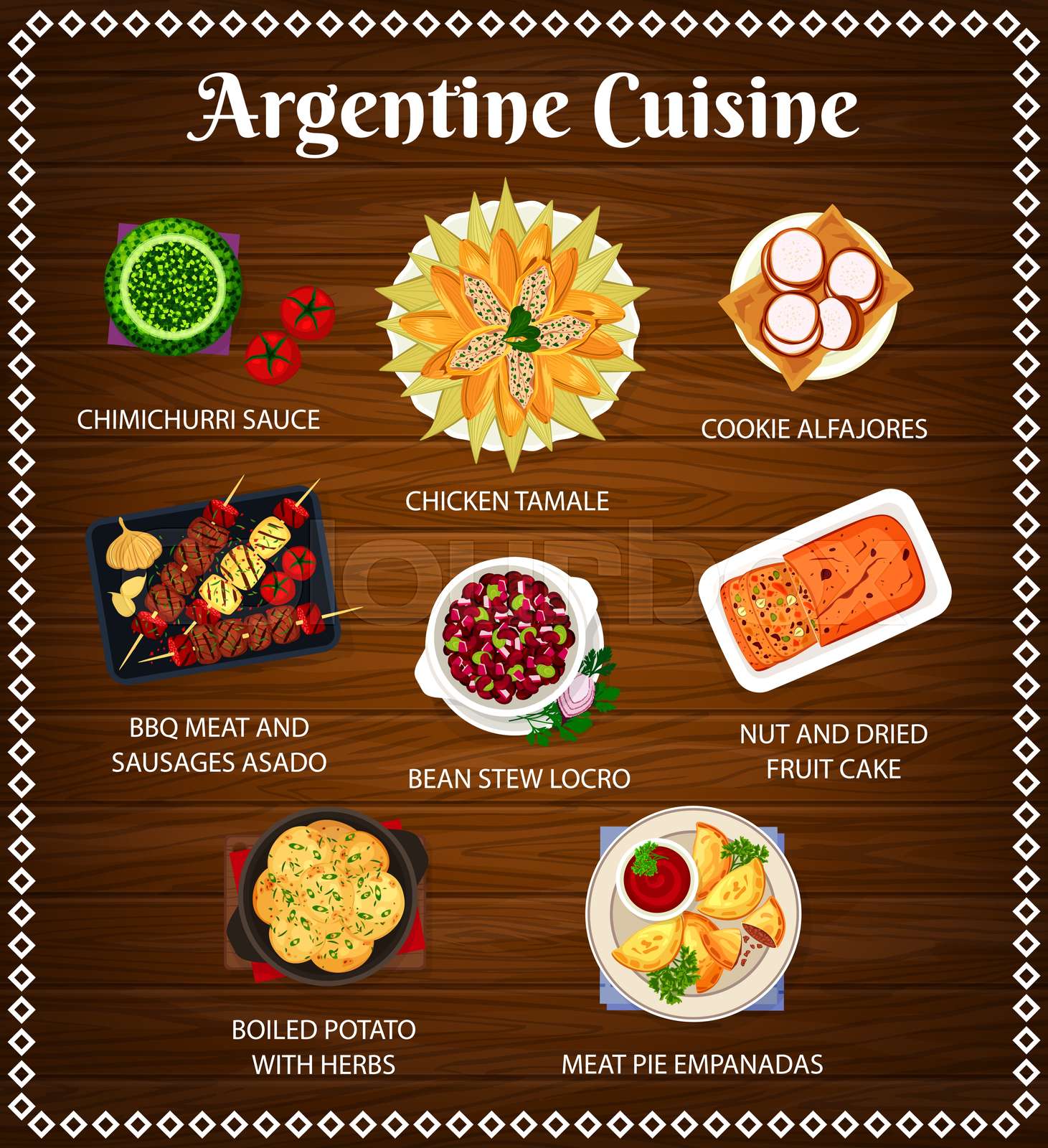 Argentine food cuisine, Argentinian bbq, empanadas | Stock vector ...