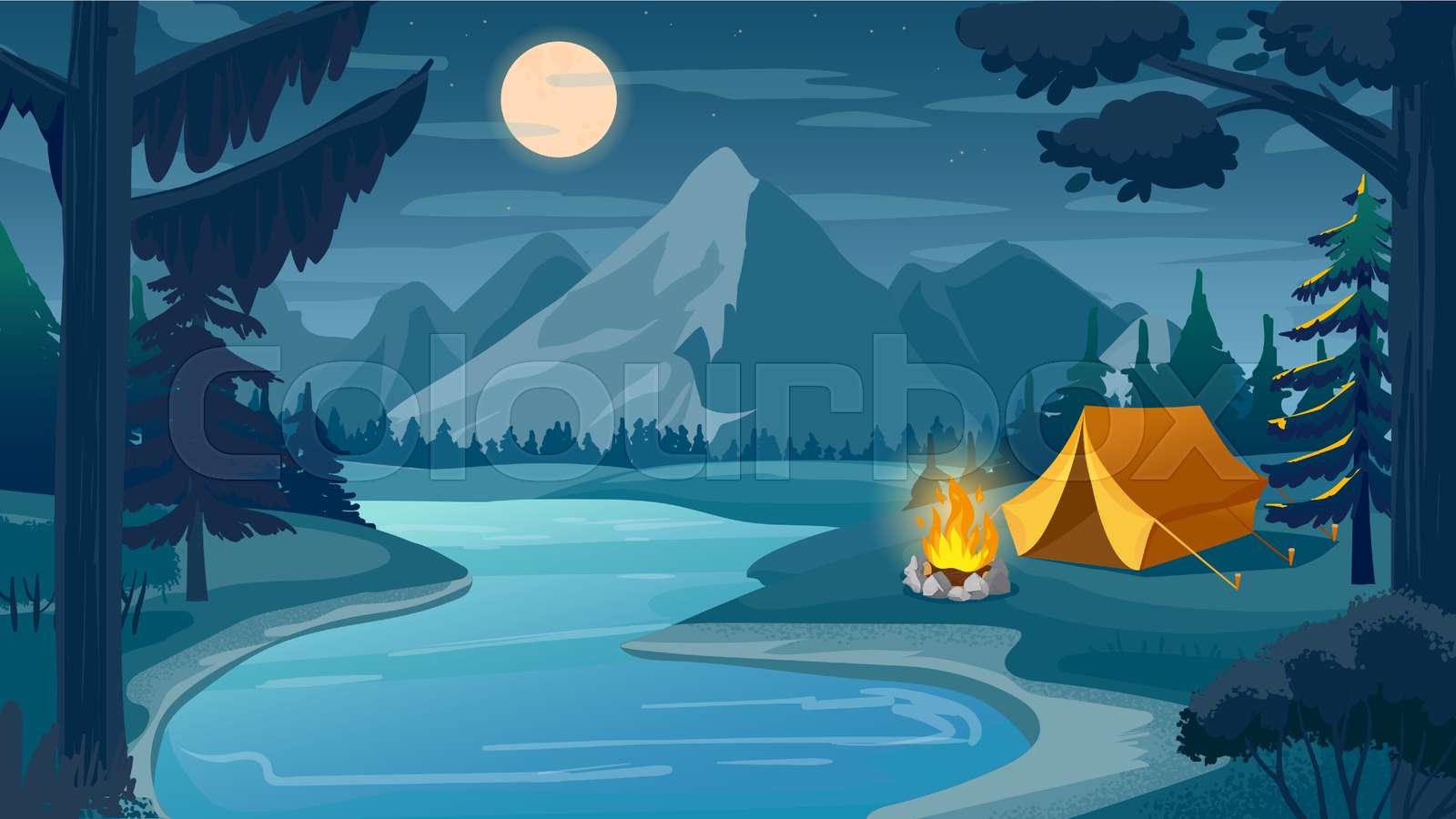 Mountain night camping. Cartoon forest landscape with lake, tent and ...
