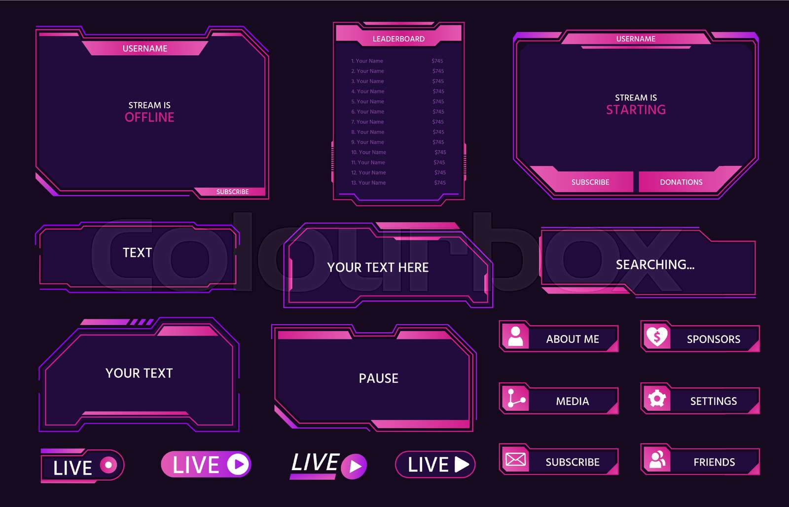Live stream interface overlay frames for gamer broadcast. Cyber hud screen, panels, buttons and ...
