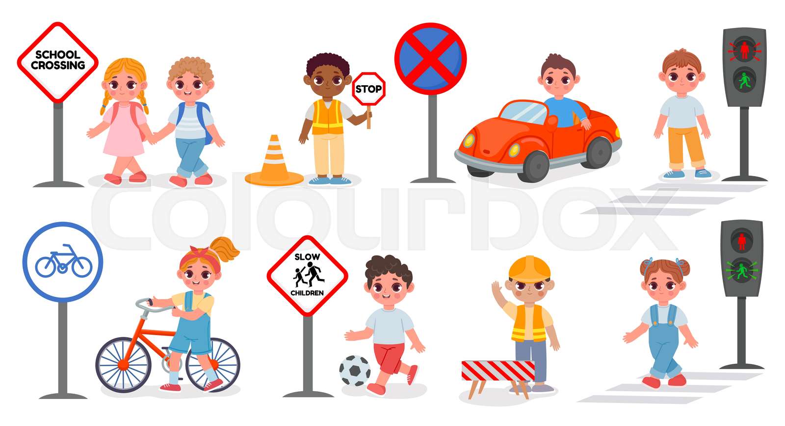 School Kids Street Safety Signs And Crosswalk Rules Traffic Light Go