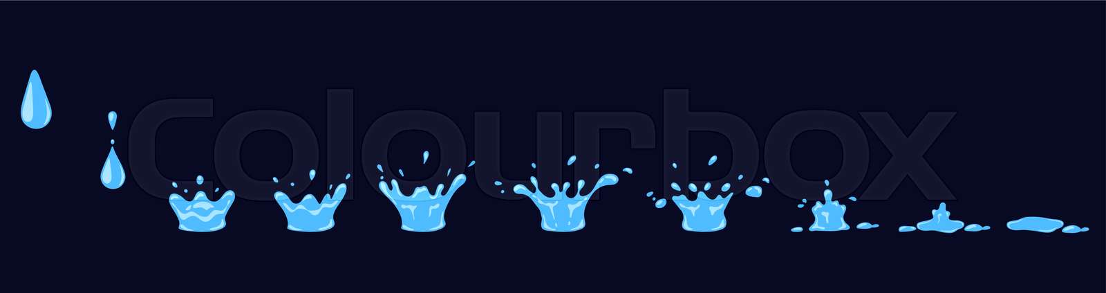 Cartoon water drop splashes and ripples animation sprite sheet. Falling drops and splat effect ...