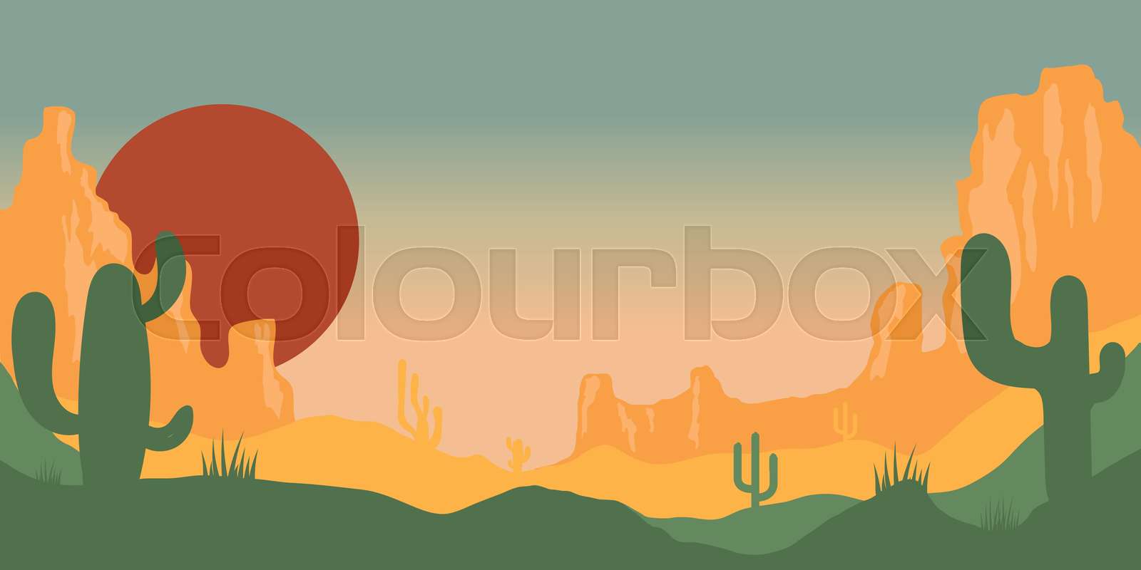 Desert landscape with cactuses and mountains in cartoon style. Design ...