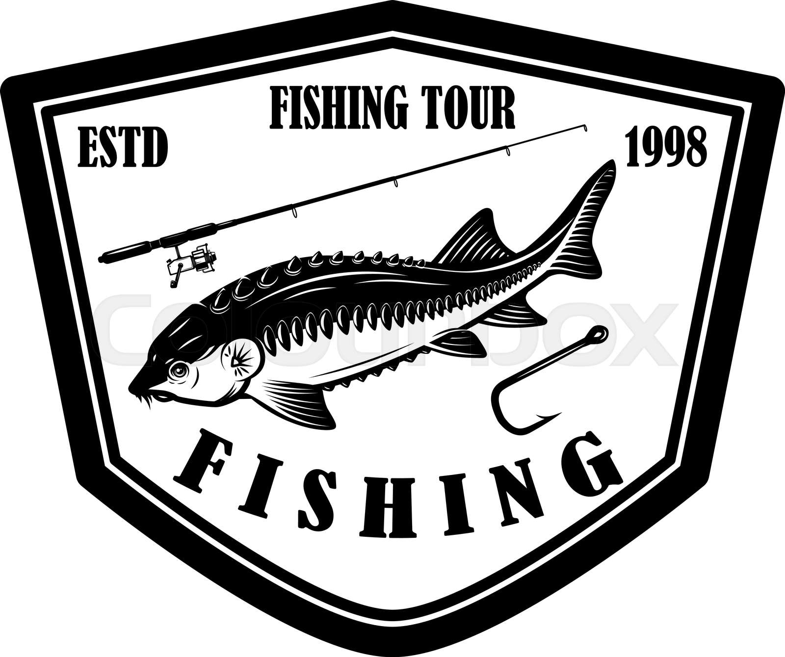 Fishing tour. Emblem template with sturgeon fish and fishing rod ...