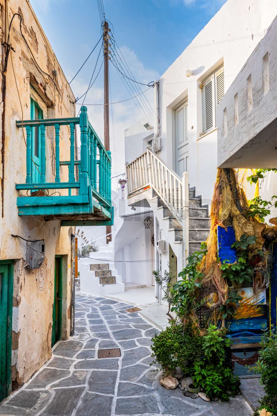 Picturesque Naousa town street on Paros island, Greece | Stock image ...