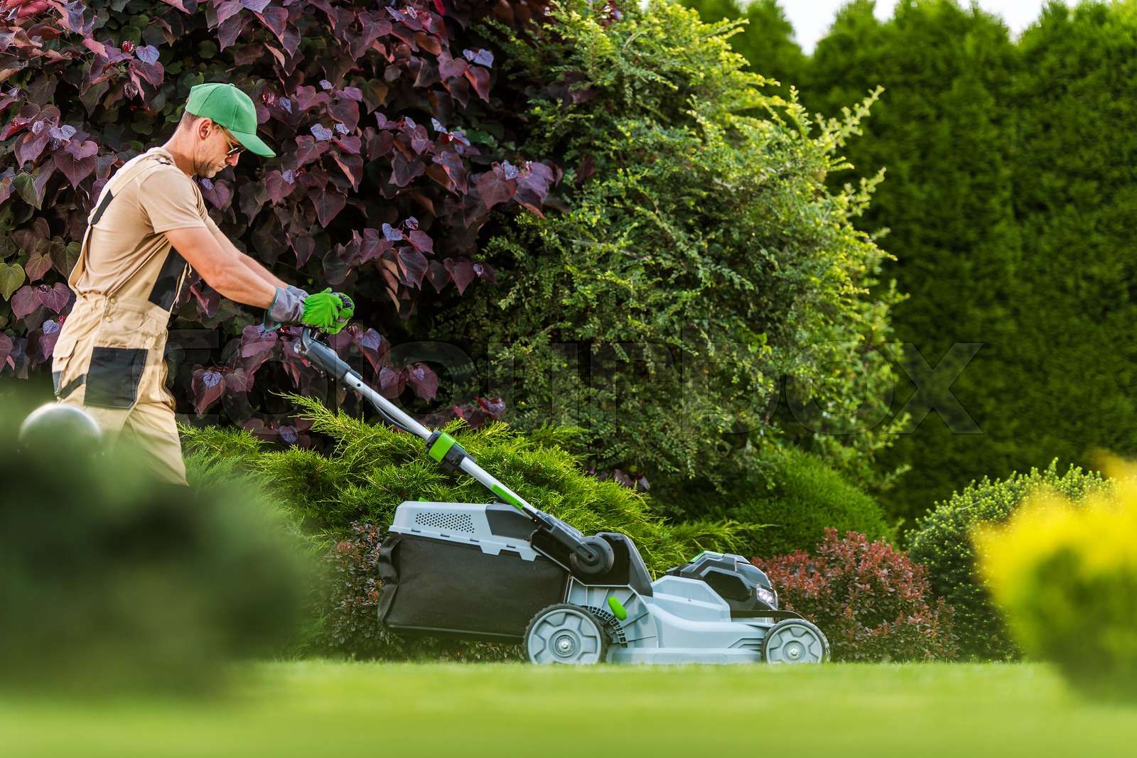 Garden Worker with Grass Mower Working in Residential Garden | Stock ...