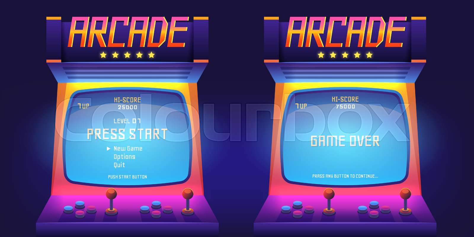 Arcade Game Screen 80s Retro Start Play And Game Over Interface Screen